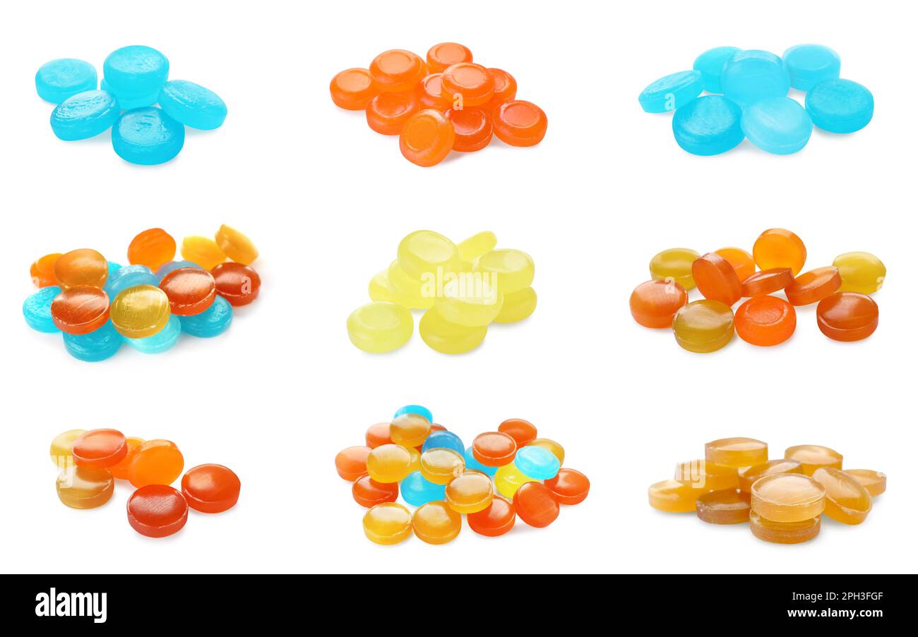 Set with different cough drops on white background Stock Photo - Alamy