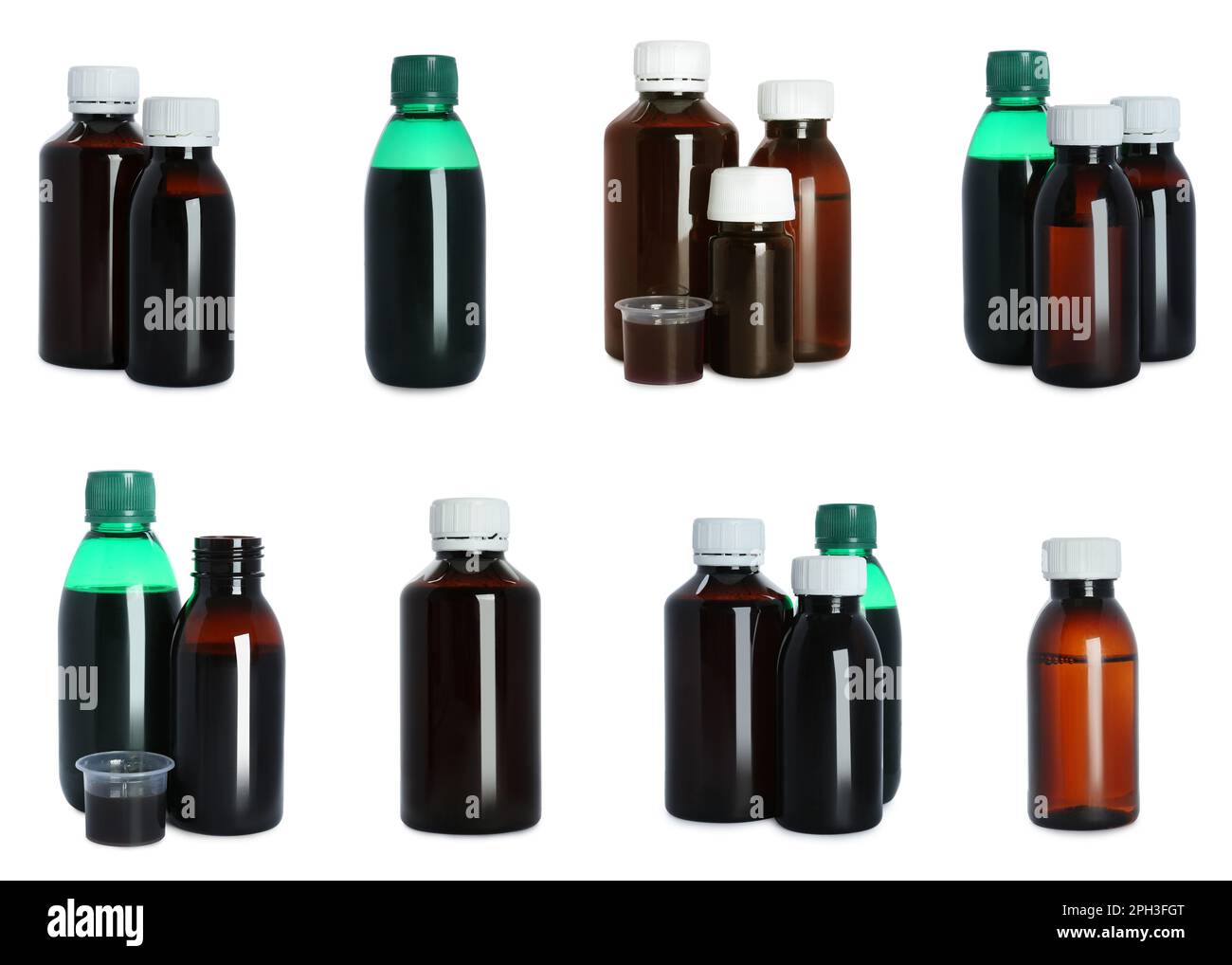 Set with cough syrup on white background Stock Photo - Alamy