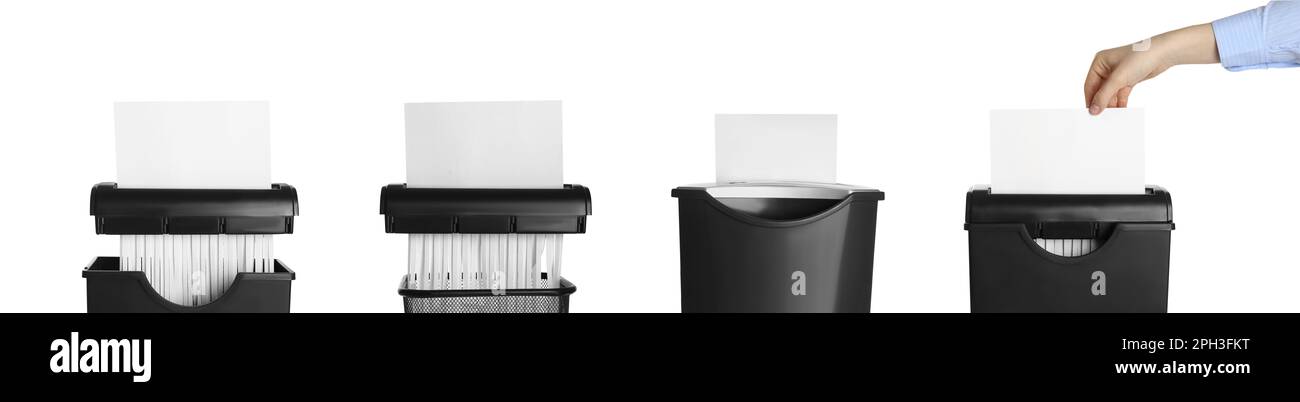 Destroying paper with shredders on white background, collage. Banner ...