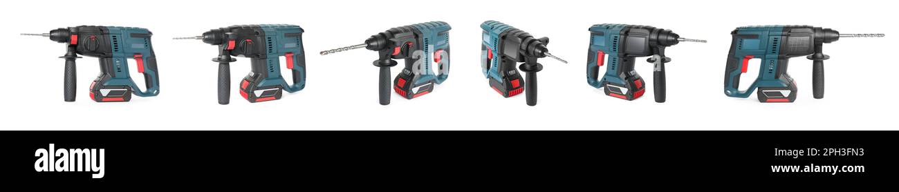 Set of modern electric drills on white background, banner design Stock ...