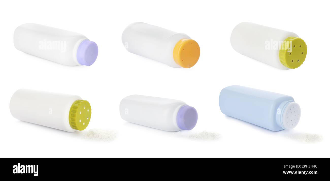 Set of overturned baby powder bottles on white background, banner ...