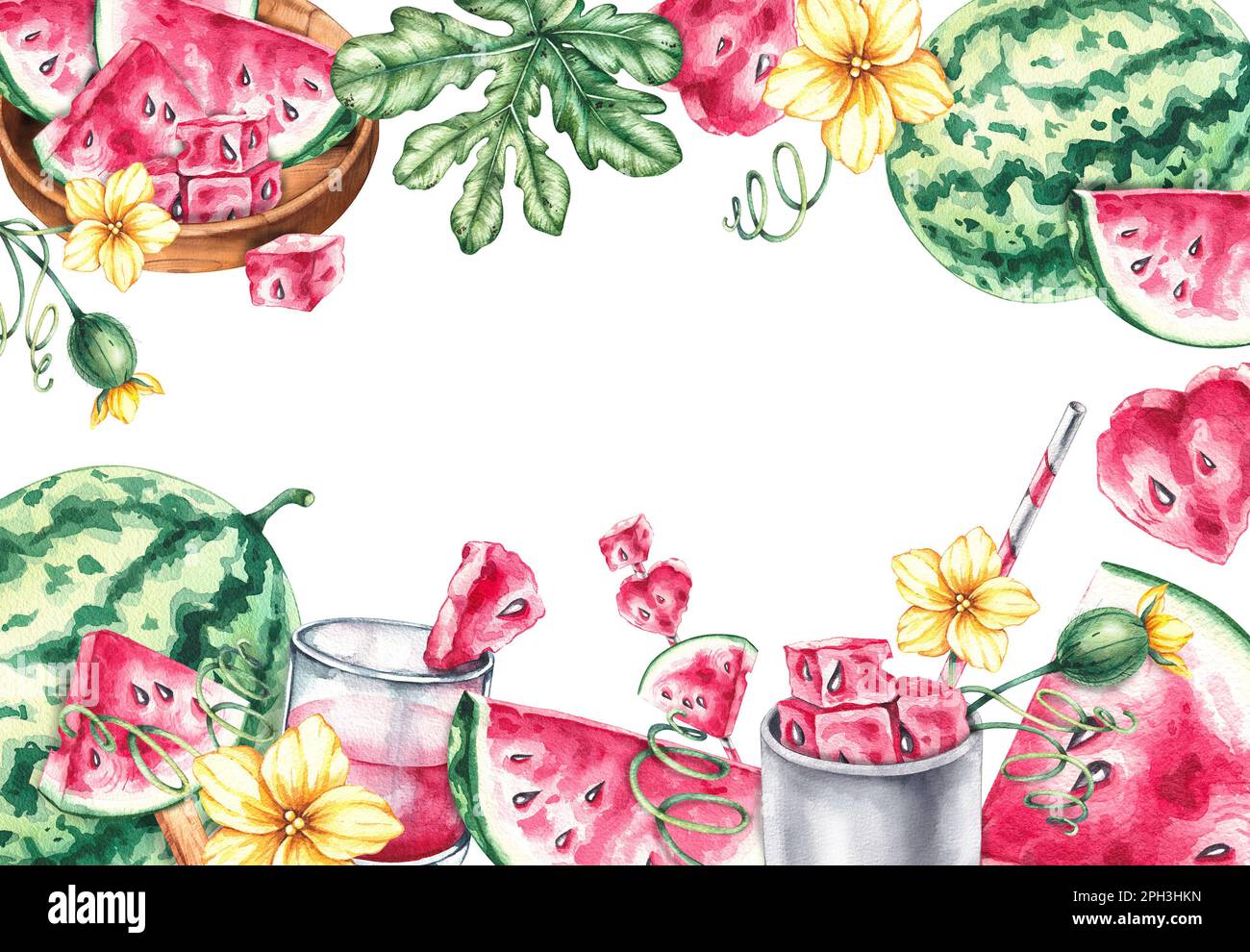 Watercolor frame from watermelon, cocktails, slices, flower on a white ...