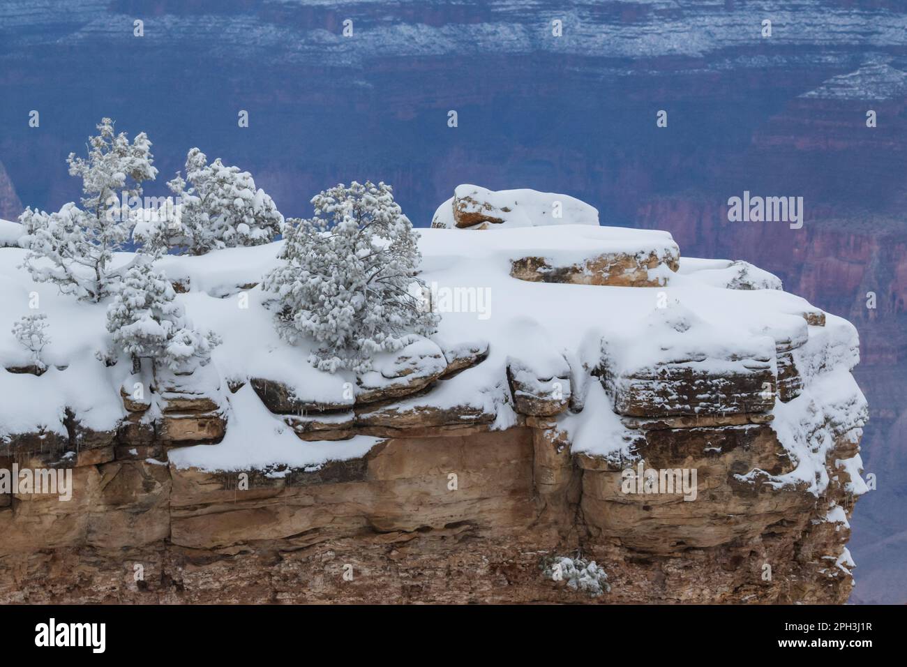 Tree and boulders covered with snow and icicles, on a finger of rock ...