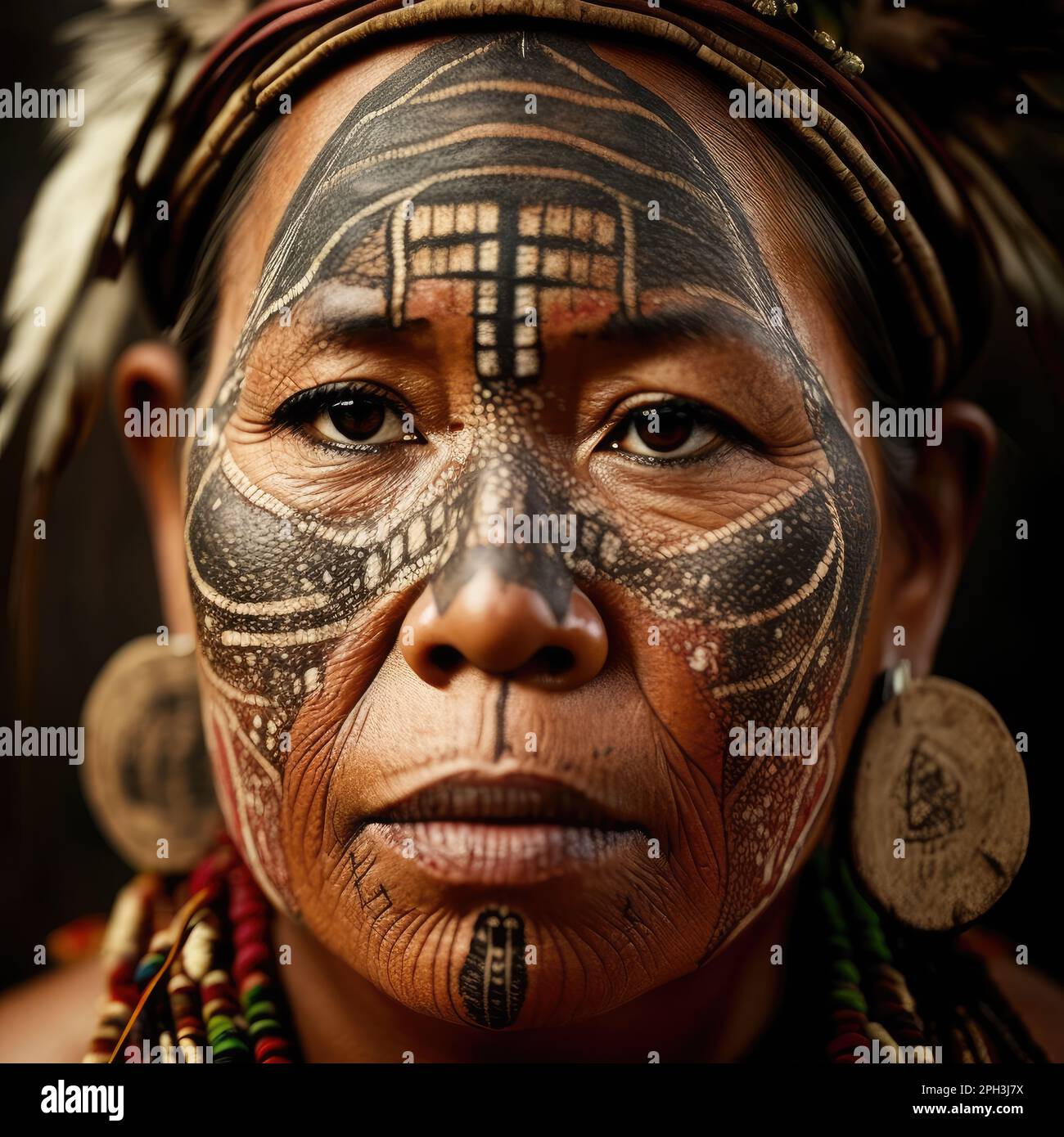 the face of amazon woman with expresive features during a tribal ...