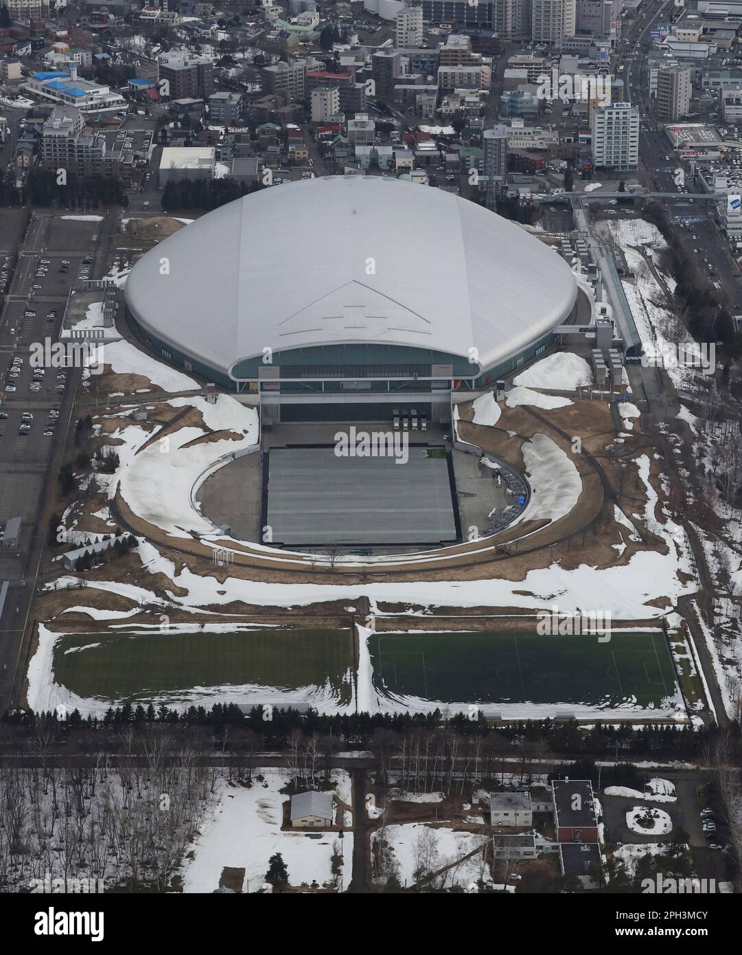An aerial photo shows Sapporo Dome in Sapporo Coty, Hokkaido Prefecture ...