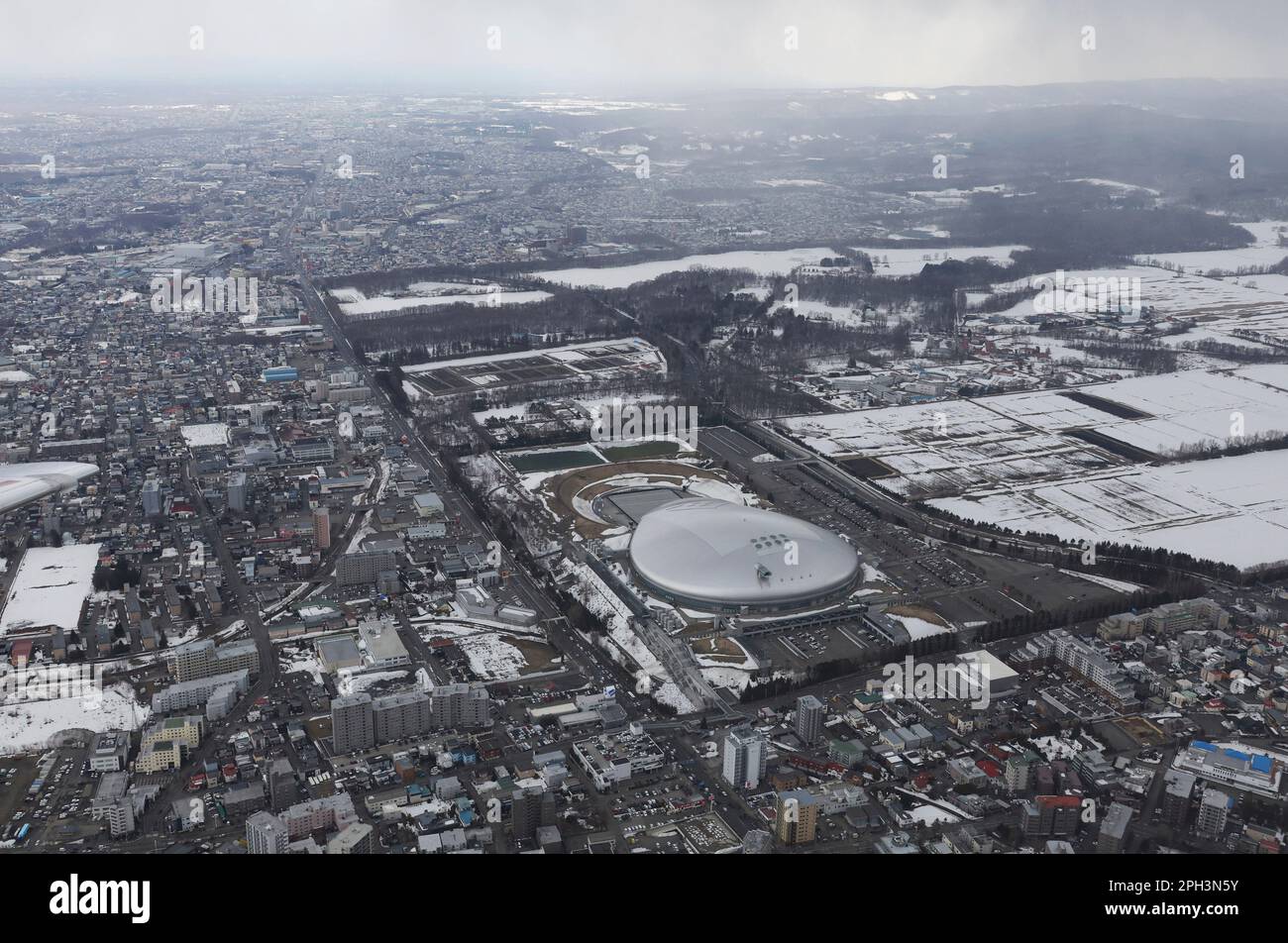 An aerial photo shows Sapporo Dome in Sapporo City, Hokkaido Prefecture ...