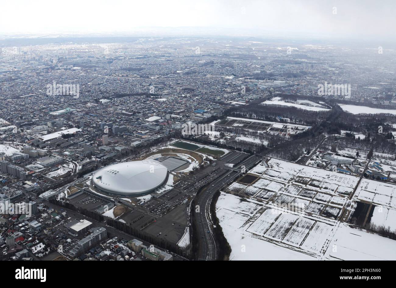 An aerial photo shows Sapporo Dome in Sapporo City, Hokkaido Prefecture ...