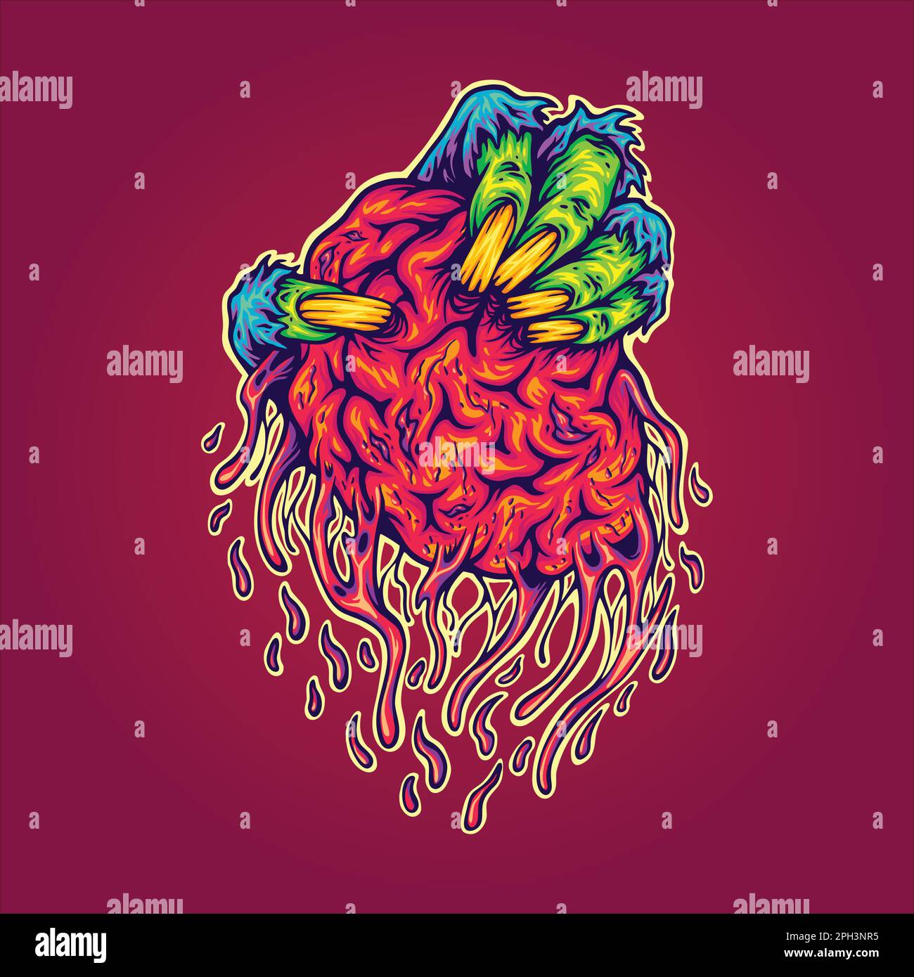 Scary zombie hand holding monster brain logo cartoon illustrations ...