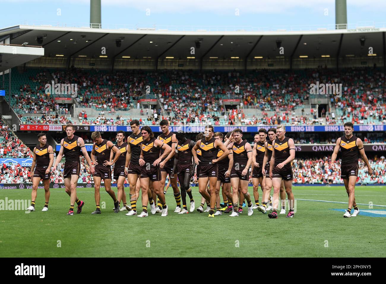 Hawthorn walk off at half time during the AFL Round 2 match between the ...