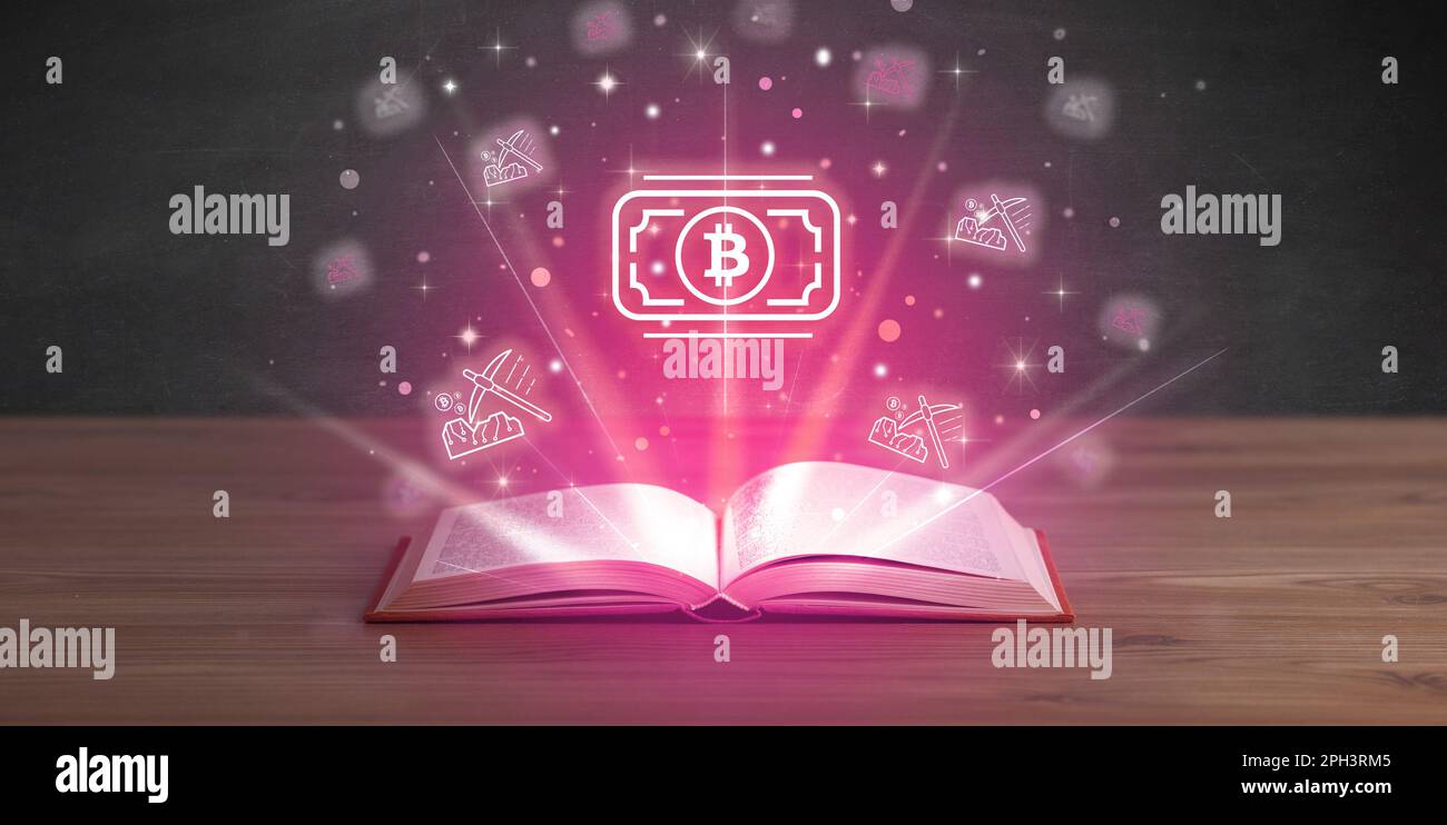 Open book with currency icons above Stock Photo - Alamy