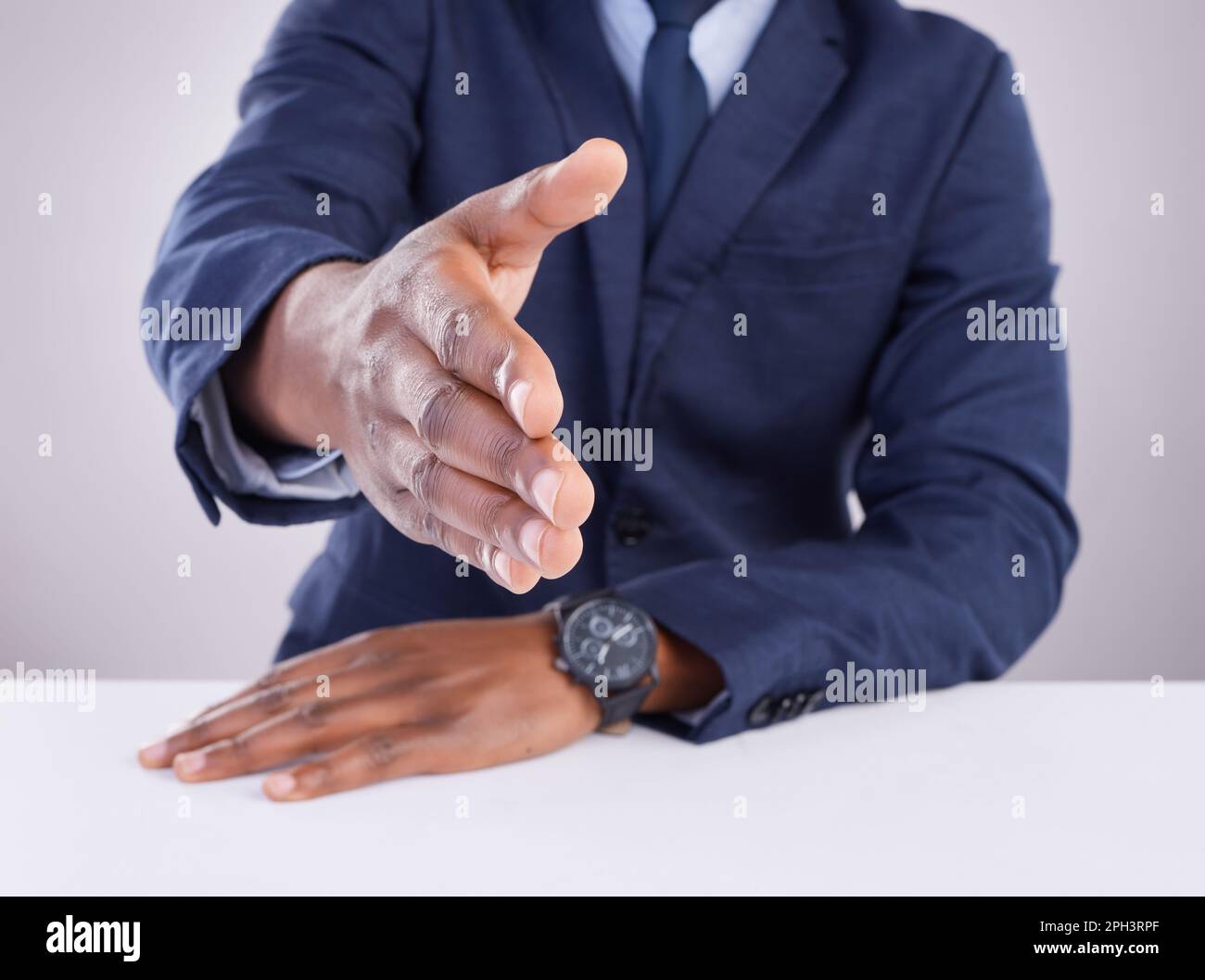 Handshake, offer and closeup of man in white background for business ...