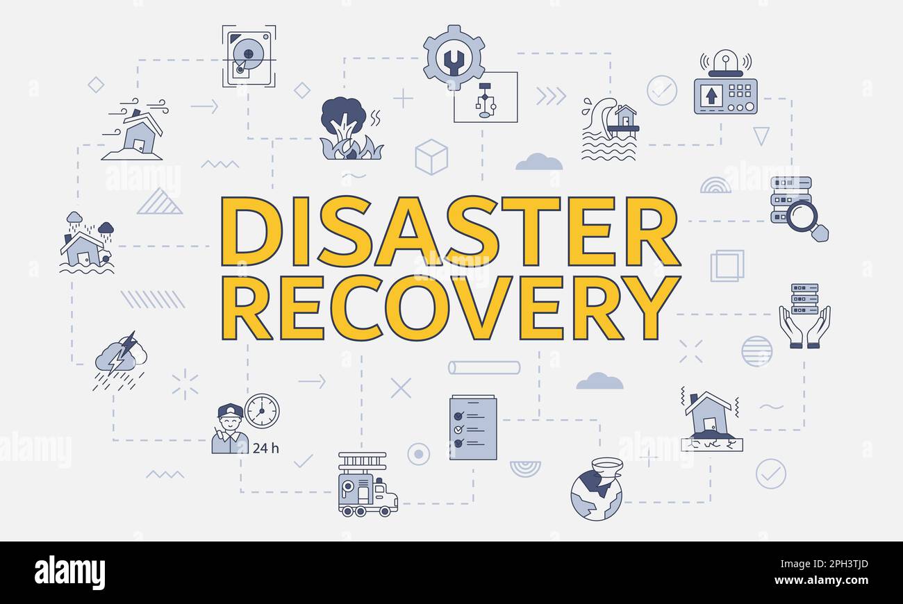 disaster recovery concept with icon set with big word or text on center ...