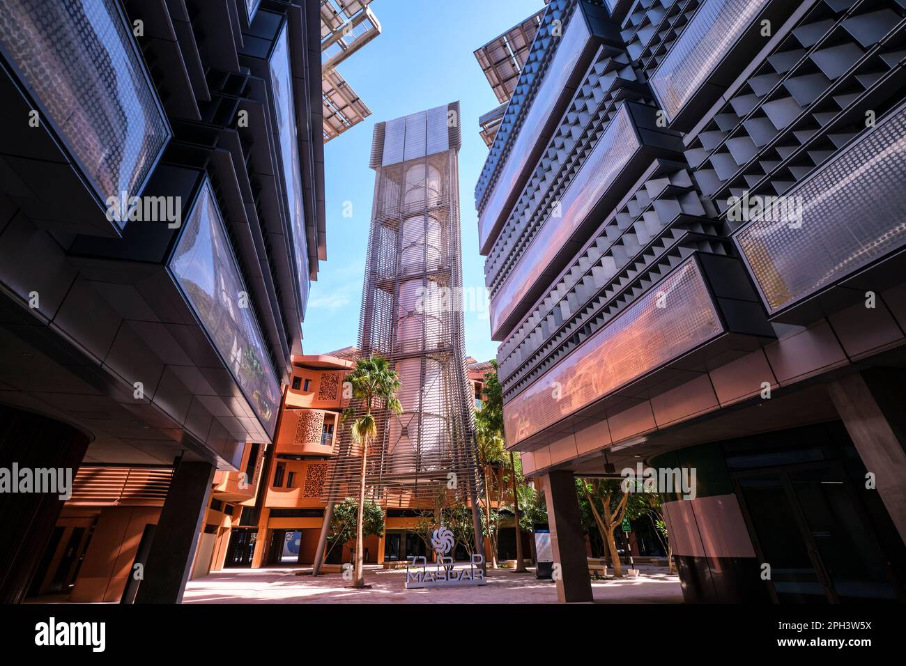 View of the landmark, central wind tower, which naturally circulates ...