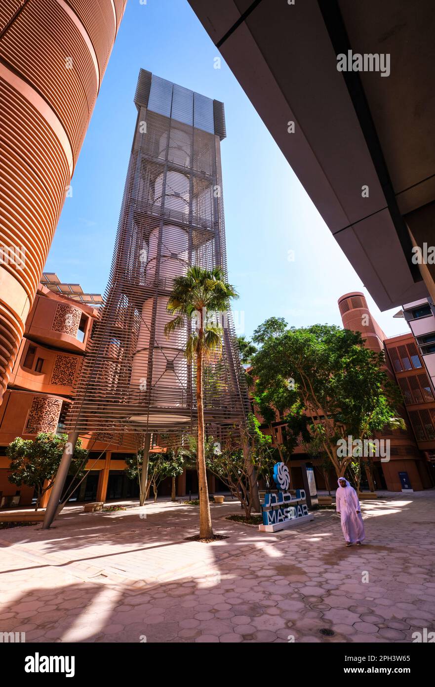 View of the landmark, central wind tower, which naturally circulates ...