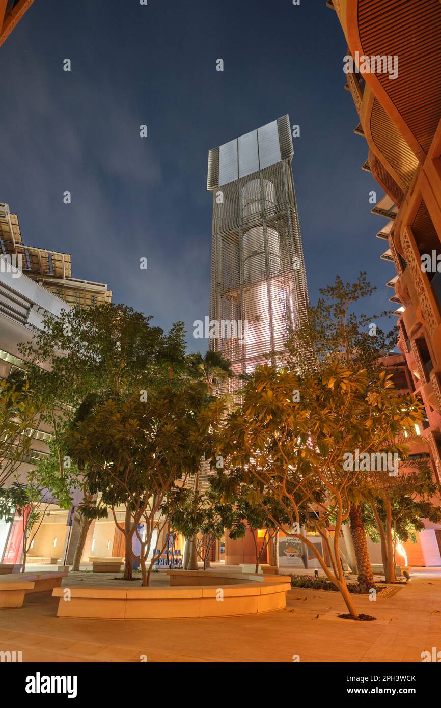 Night view of the landmark, central wind tower, which naturally ...