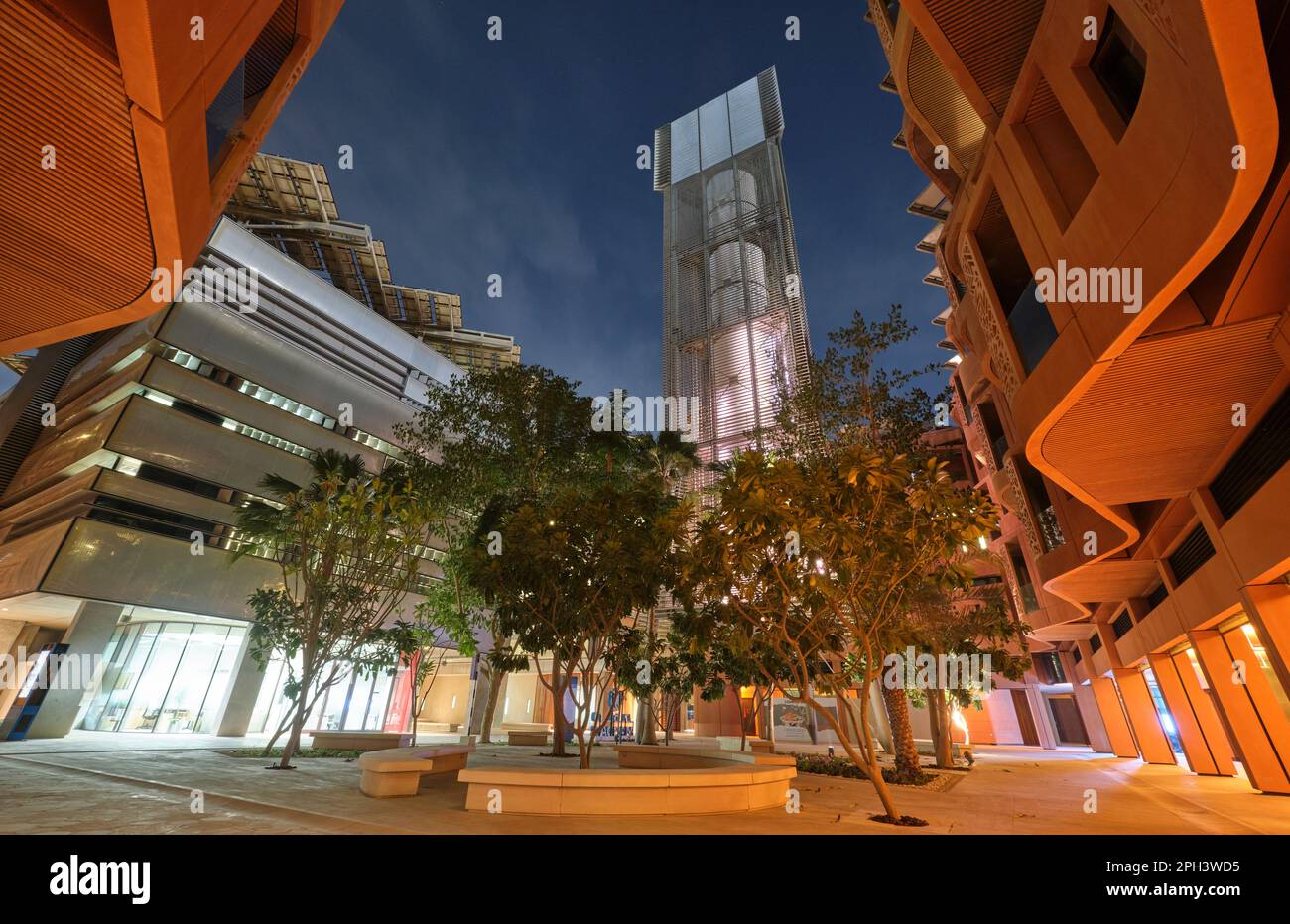 Night view of the landmark, central wind tower, which naturally ...