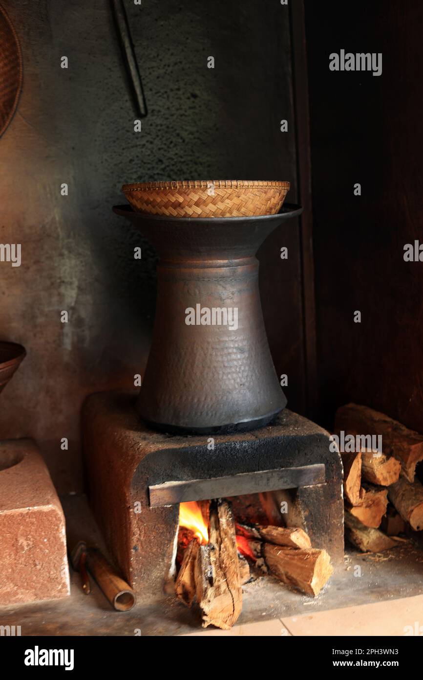 Indonesian Traditional Kitchen, Steaming Rice Using Bamboo and ...