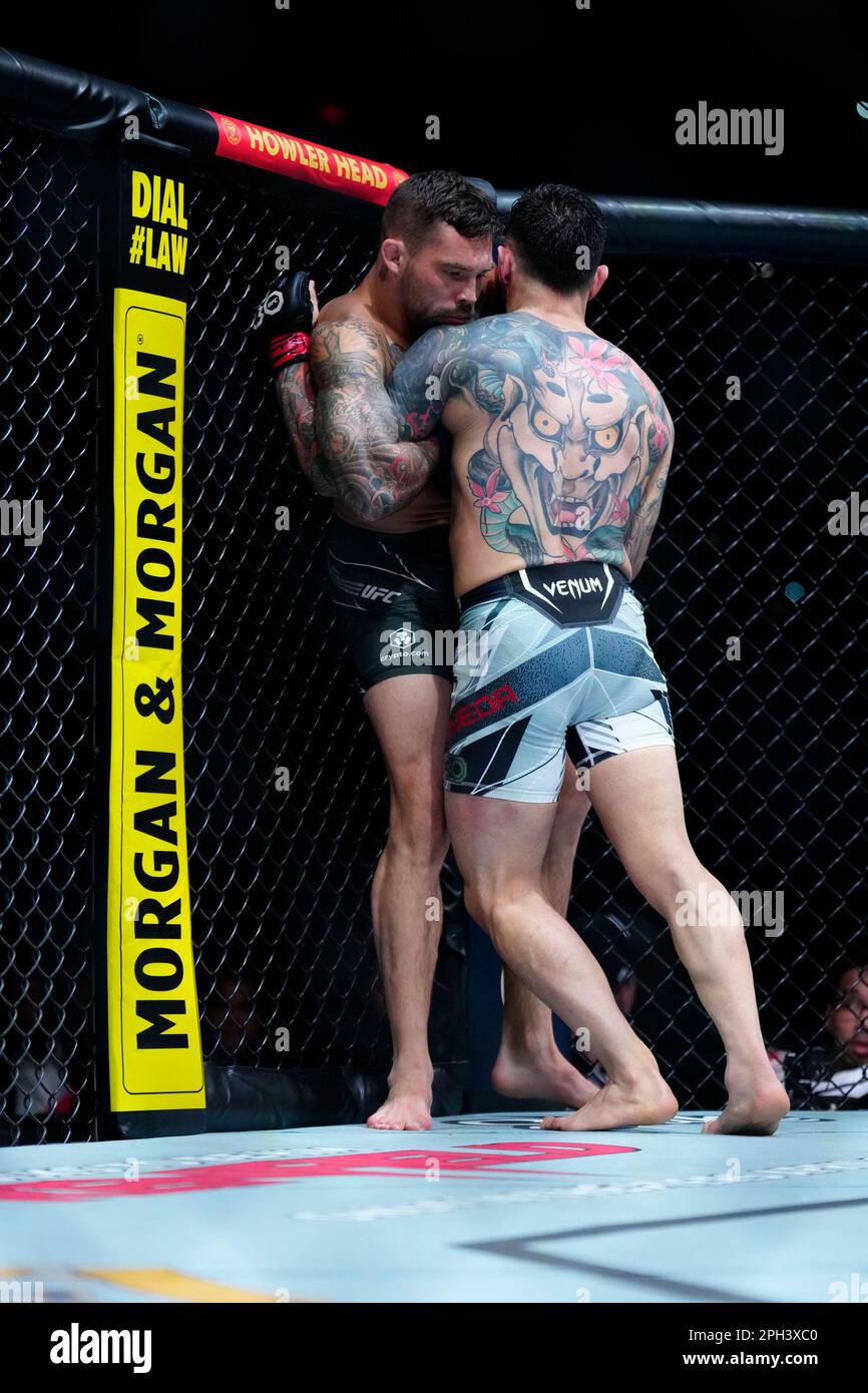 SAN ANTONIO, TEXAS - MARCH 25: (R-L) Daniel Pineda battles Tucker Lutz ...