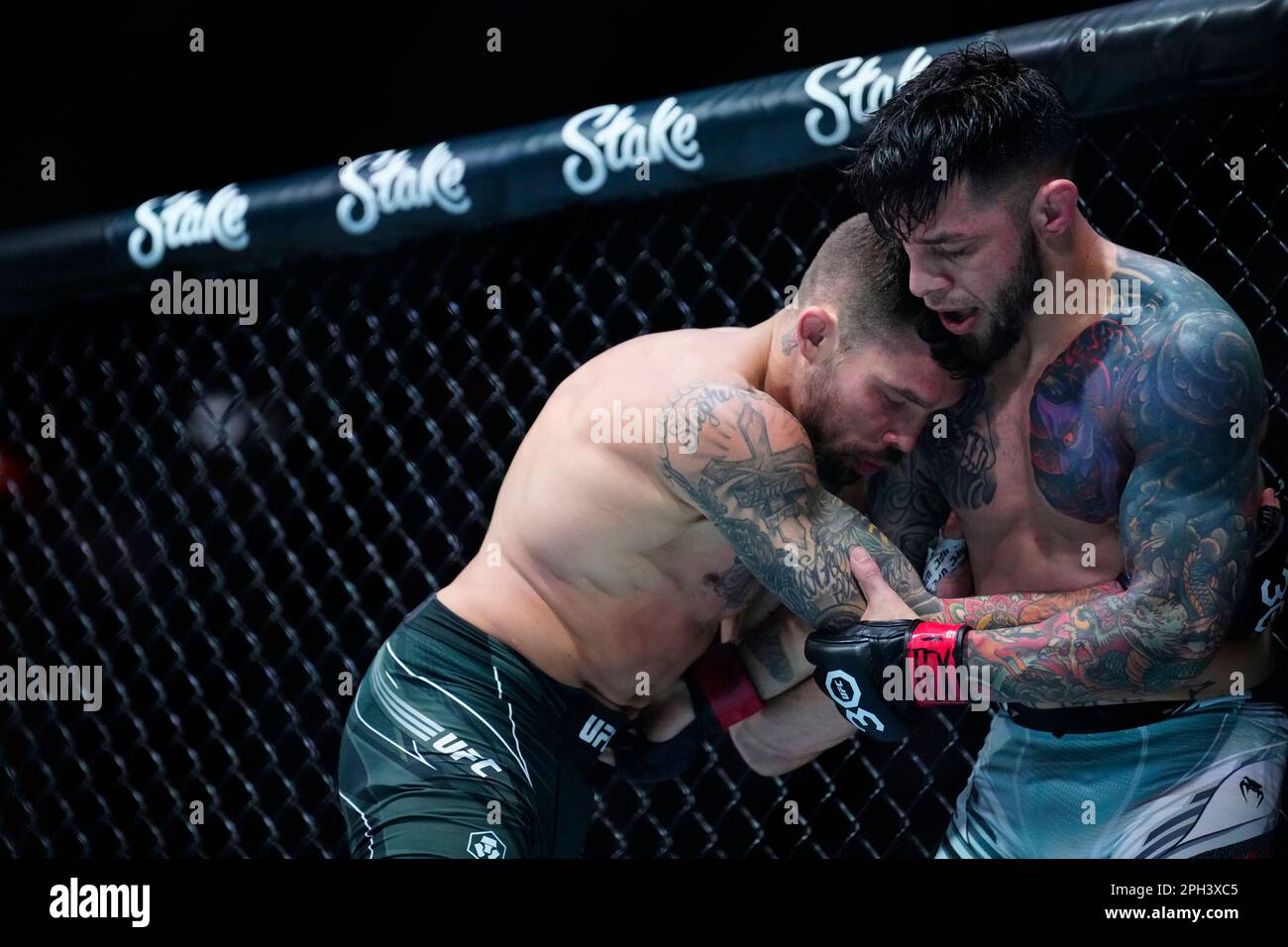 SAN ANTONIO, TEXAS - MARCH 25: (R-L) Daniel Pineda battles Tucker Lutz ...