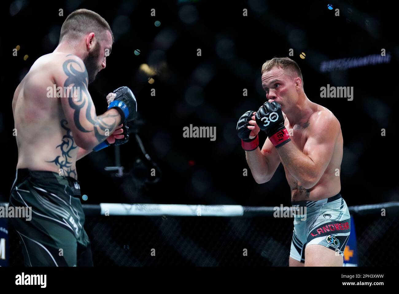 SAN ANTONIO, TEXAS - MARCH 25: (L-R) Austin Lingo battles Nate Landwehr ...