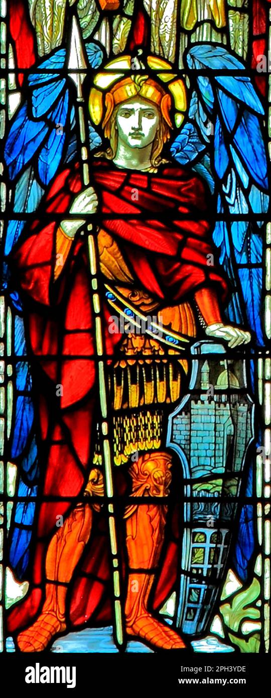 Archangel, saint Michael, stained glass, Blakeney, Norfolk, England, UK Stock Photo - Alamy