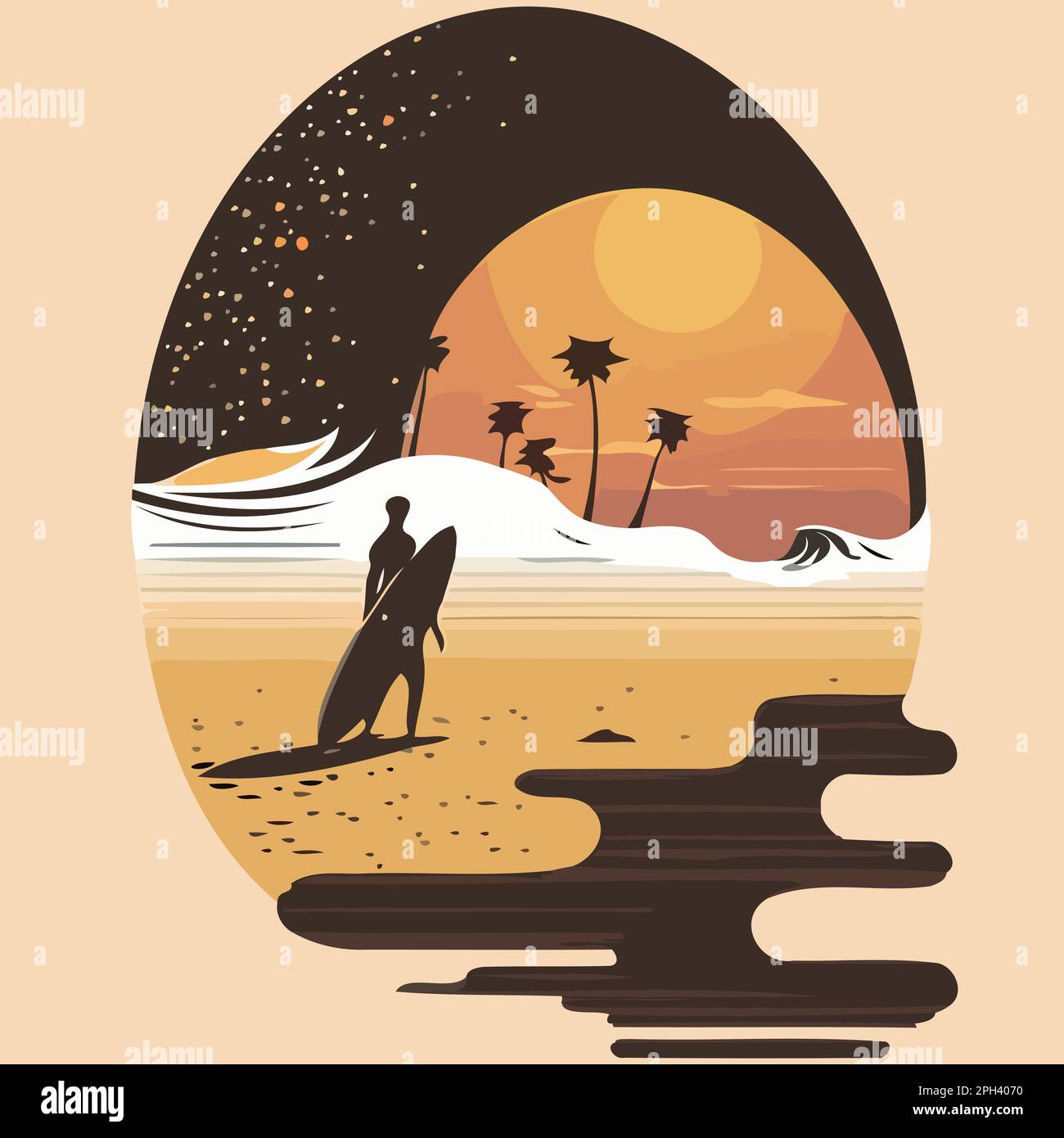 artistic beach scene with surfer person at sunset vector illustration ...
