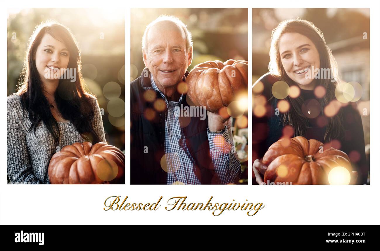 What are you thankful for. Composite shot of three people holding a ...
