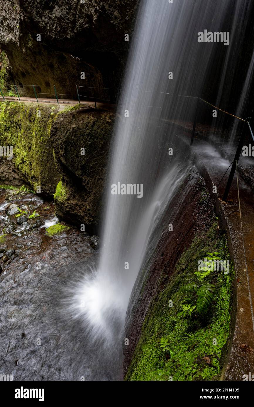 Nova waterfall and Moinho in a gorge, long exposure, Ponta do Sol ...