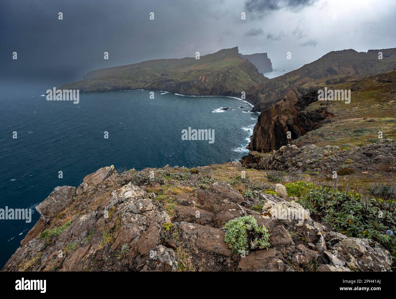 Rock promontory, coastal landscape, cliffs and sea, rugged coast with ...