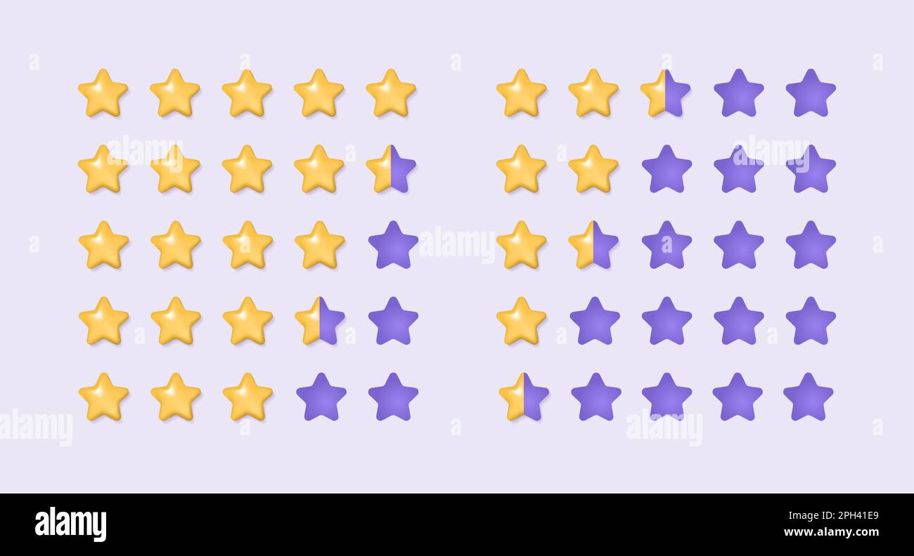 Set of 3d golden stars for low and high rating on purple background ...