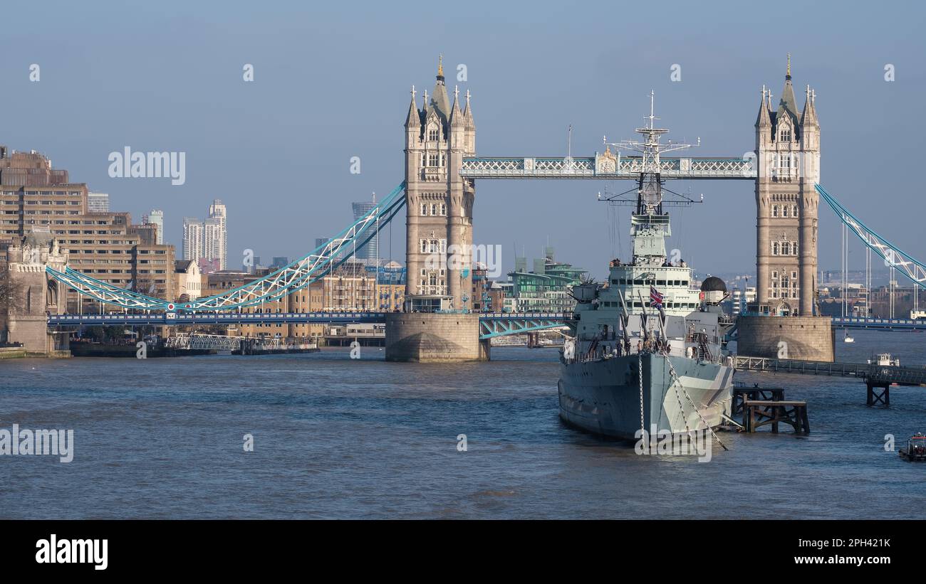 View towards HMS Belfast and Tower Bridge Stock Photo - Alamy
