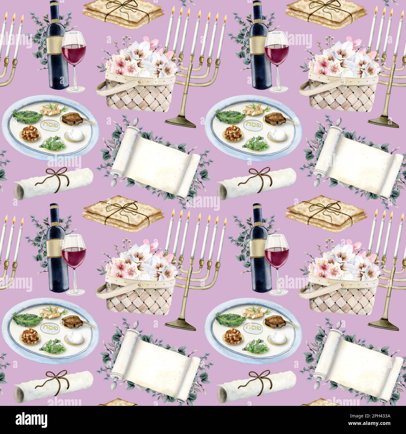 Passover seamless pattern with watercolor symbols, flowers, red wine ...