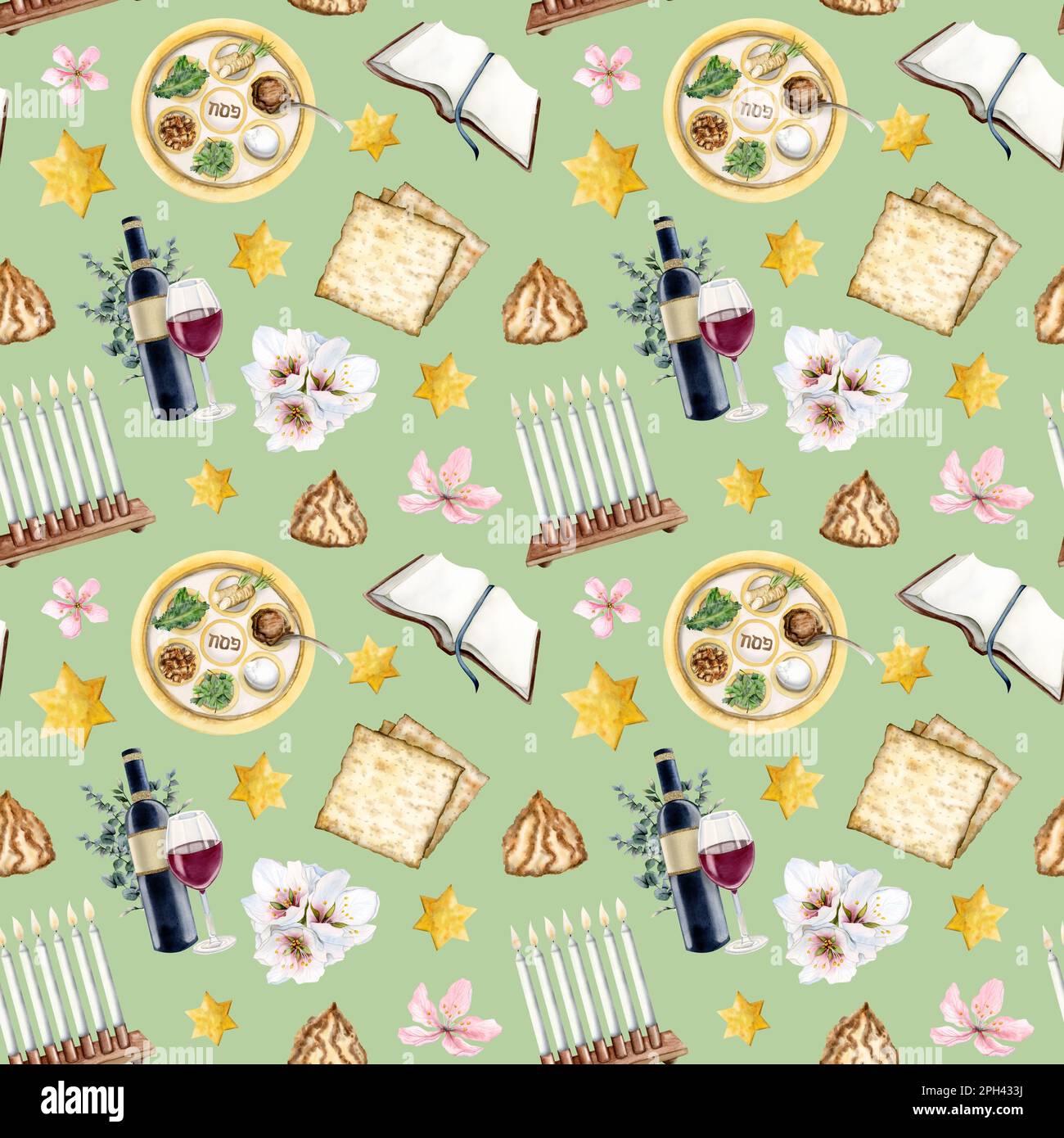 Passover seder symbols seamless pattern with watercolor spring flowers ...