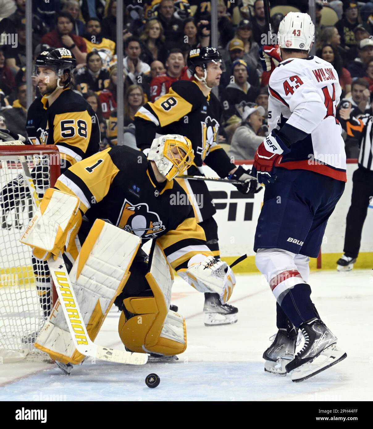 Pittsburgh Penguins goaltender Casey DeSmith (1) reacts following ...
