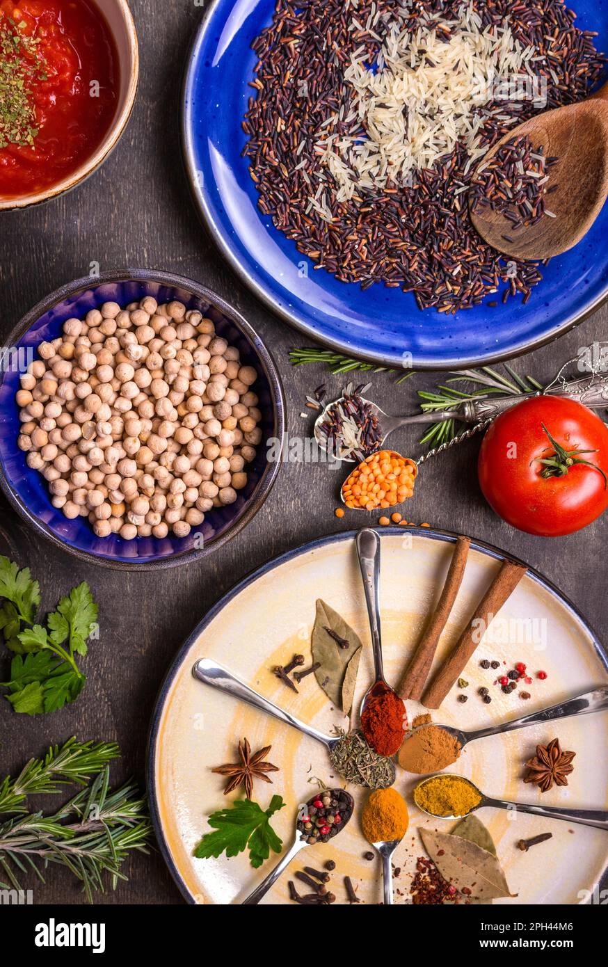 Table served with traditional for asian or eastern cuisine food. Cereal ...