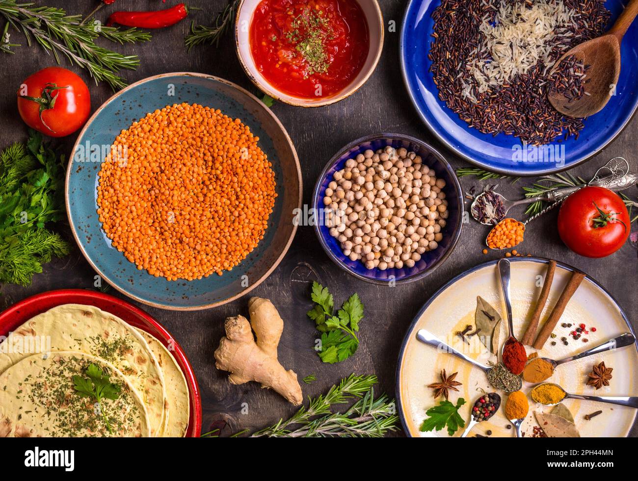 Table served with traditional for asian or eastern cuisine food. Cereal ...