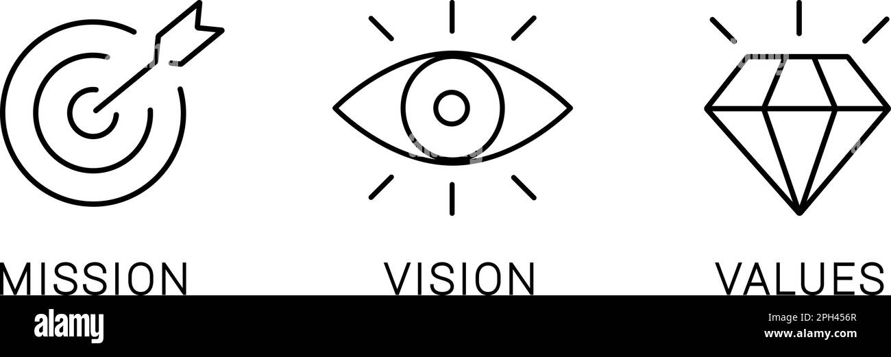 Linear vector icons of mission, vision and values as business growth ...