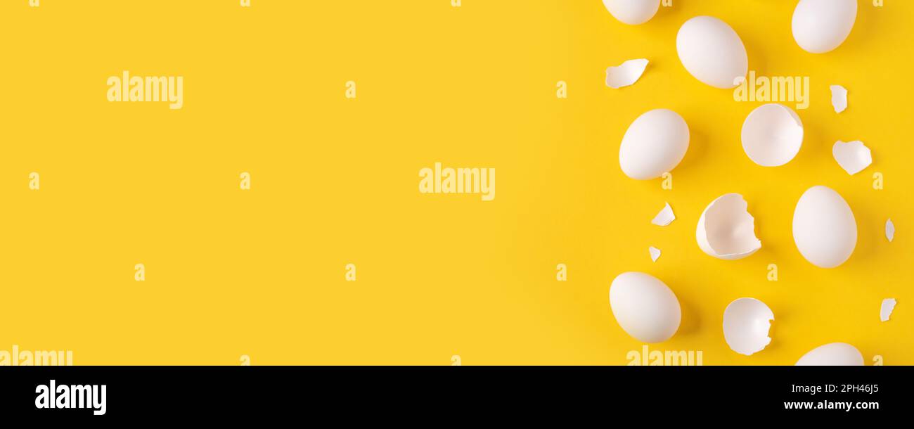 White Easter eggs and shells on a bright yellow background Stock Photo ...