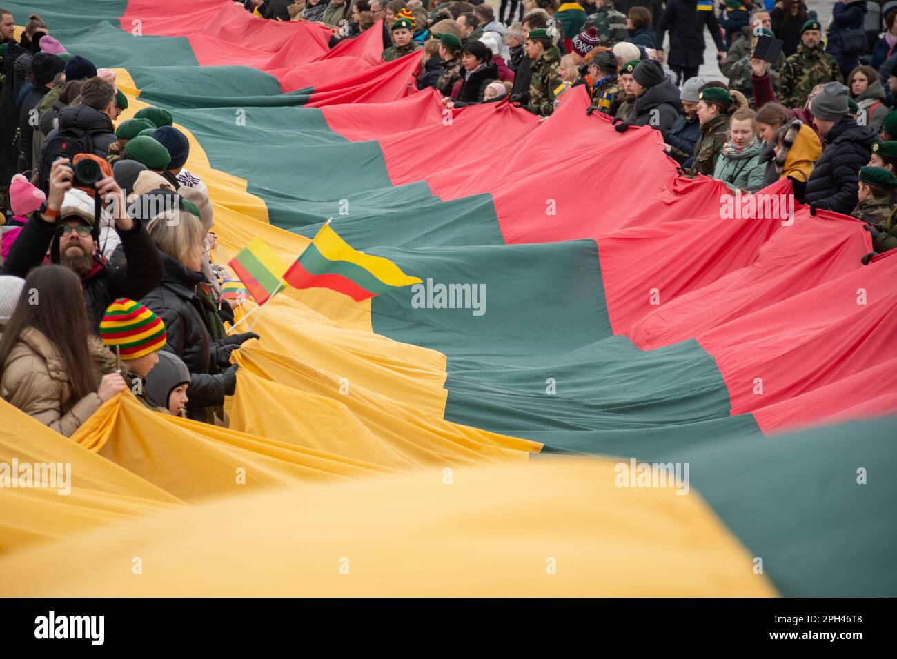 Vilnius Lithuania - March 11 2022: Huge Lithuanian flag along Gedimino ...