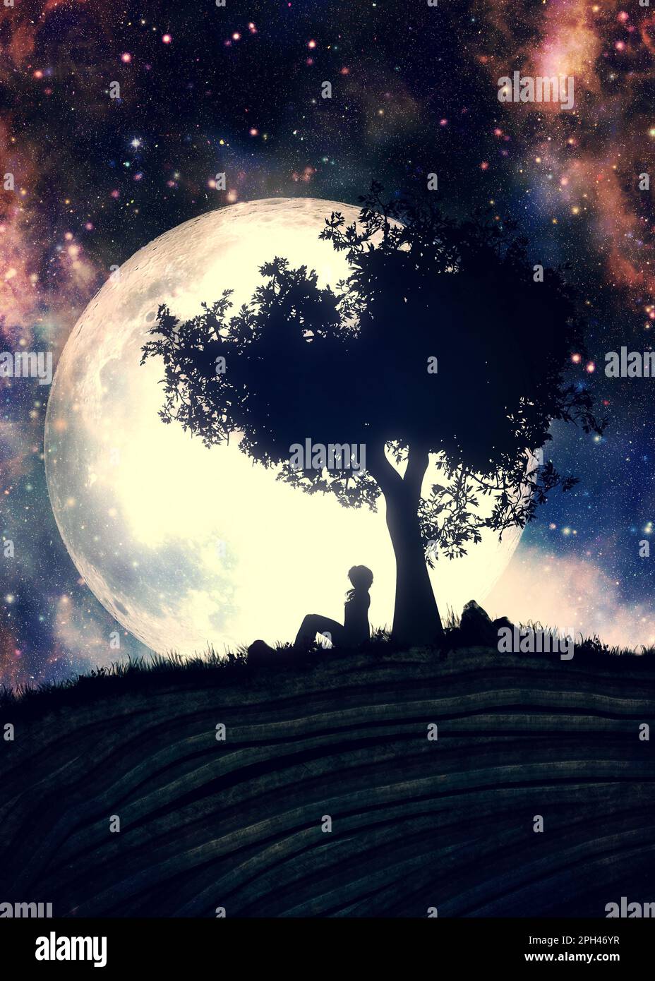 Lone tree with grass and sitting girl silhouette at night time ...