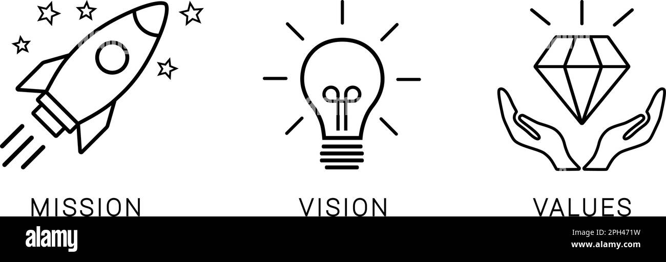 Linear vector icons of mission, vision and values as company growth ...