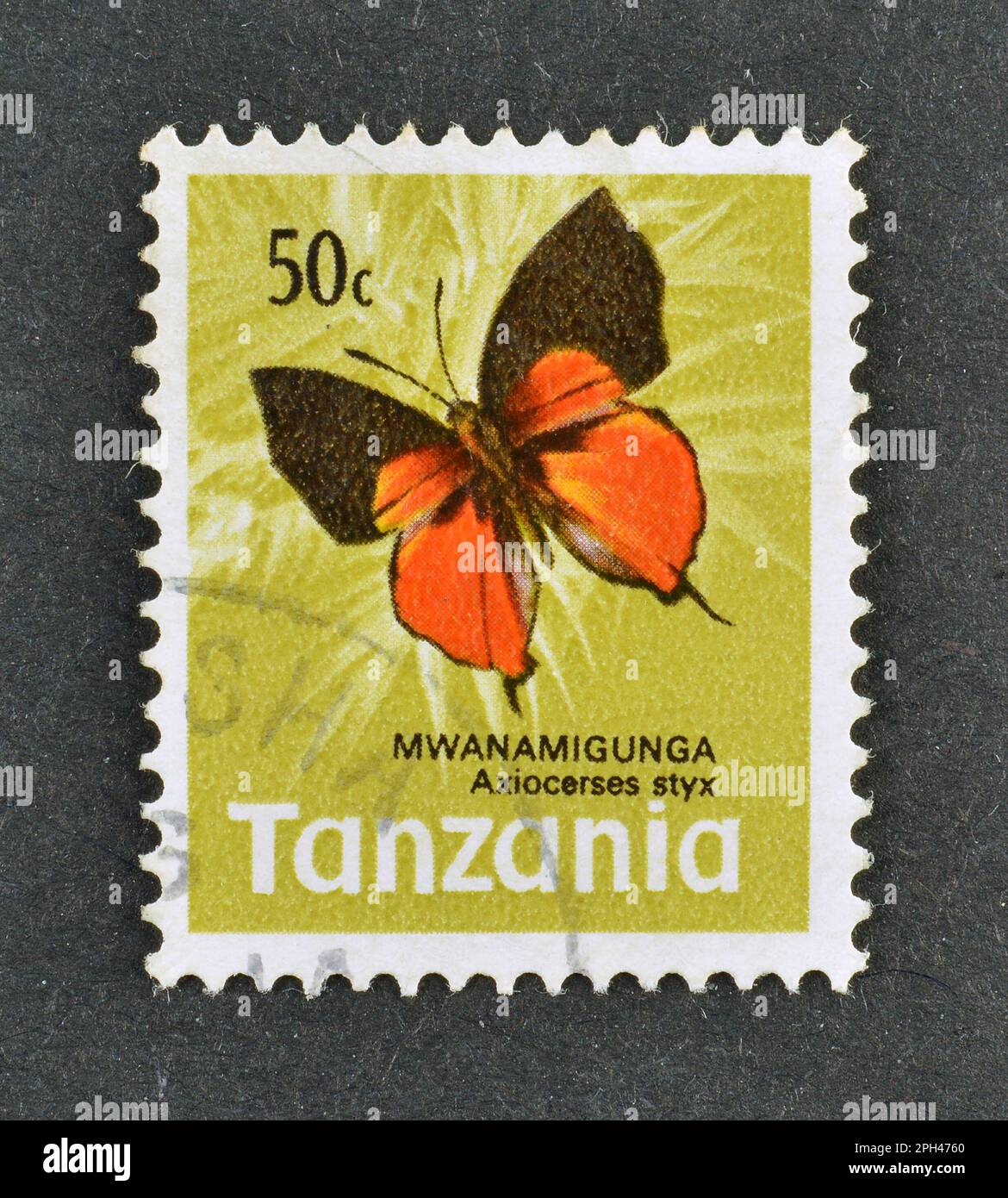 Cancelled postage stamp printed by Tanzania, that shows Lycaenid ...