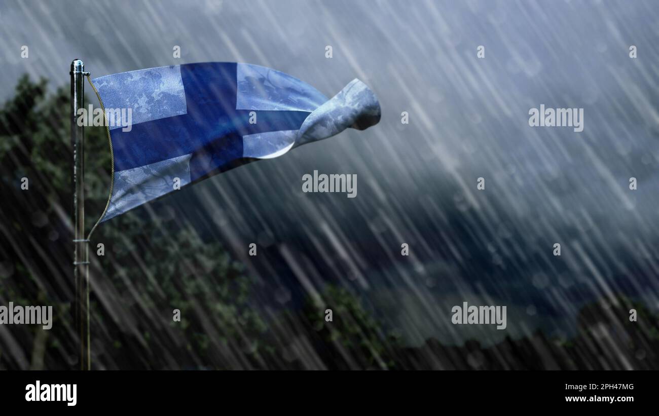 flag of Finland with rain and dark clouds, tempest forecast symbol ...