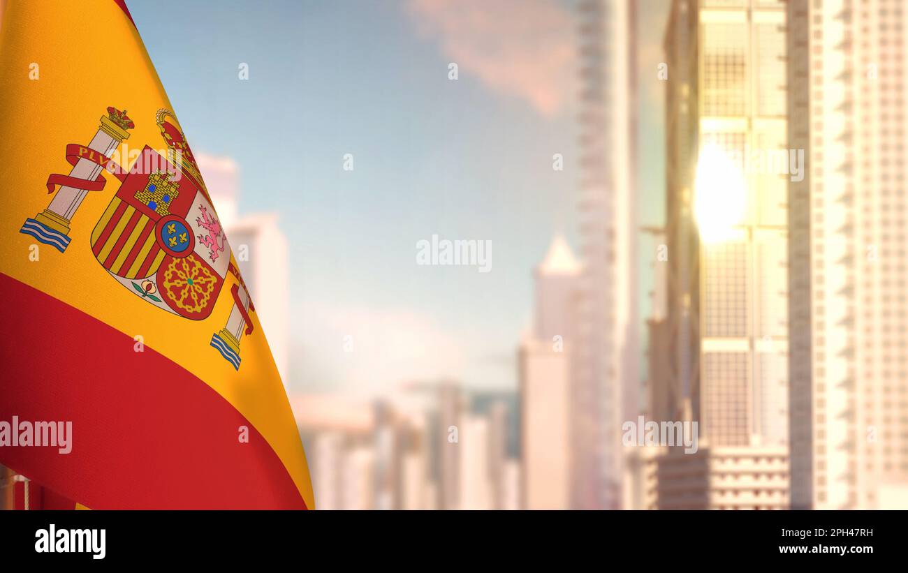 flag of Spain on city skyscrapers buildings vanilla sunset bg for ...