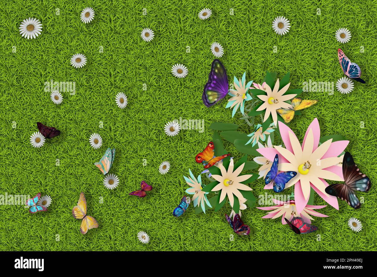 3d illustration. Spring Summer. Flowers and butterflies on green grass ...