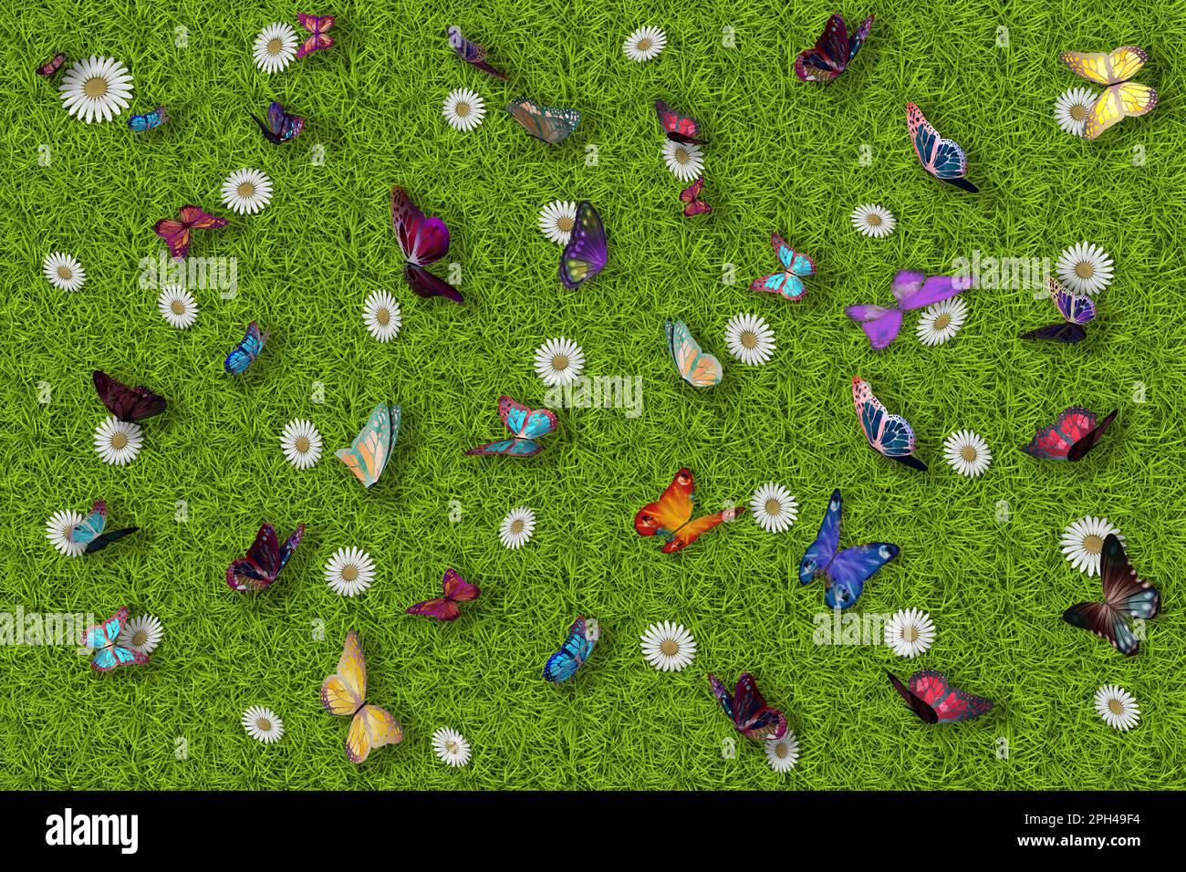 3d illustration. Spring Summer. Flowers and butterflies on green grass ...