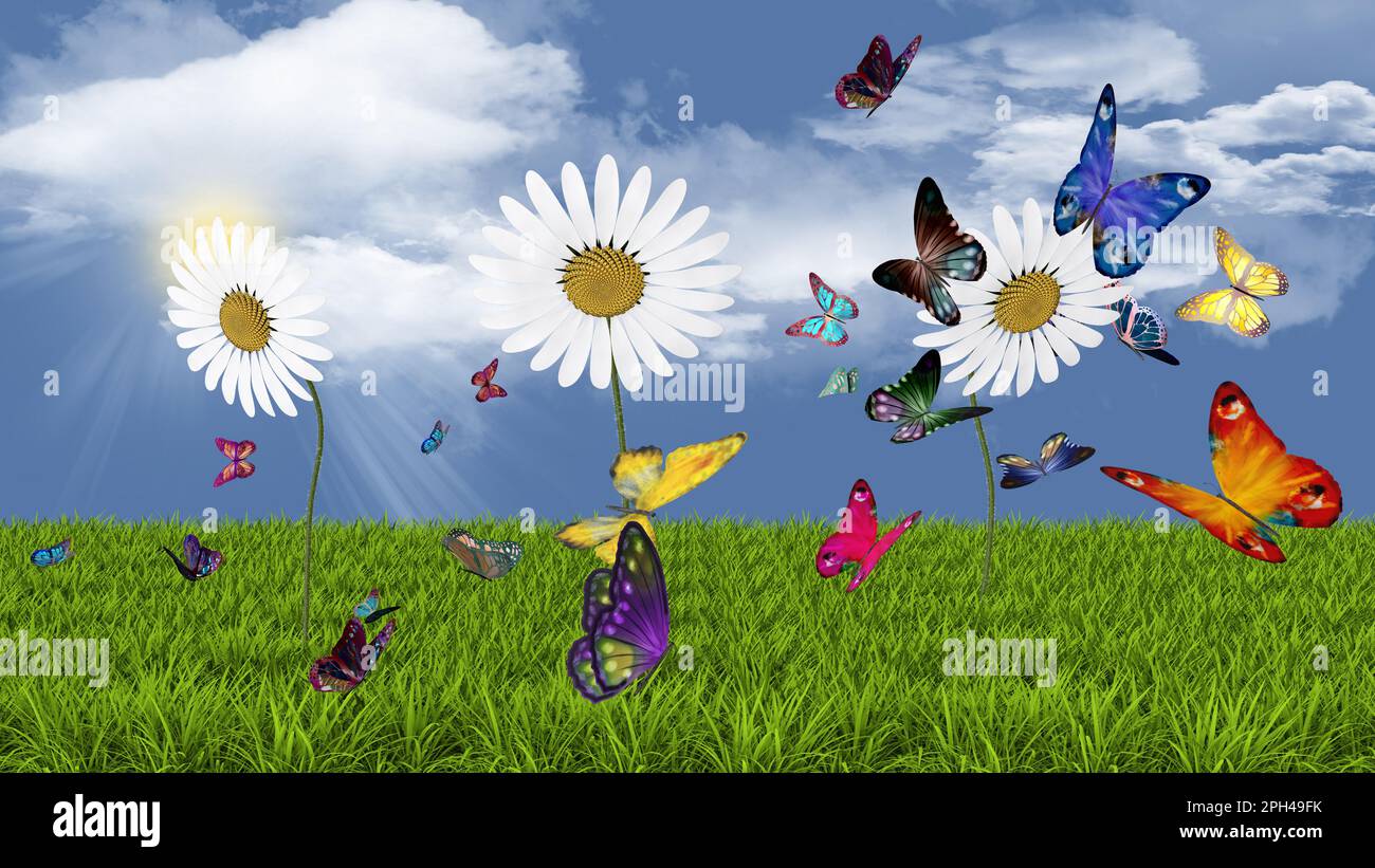 3d illustration. Spring Summer. Flowers and butterflies on green lawn ...