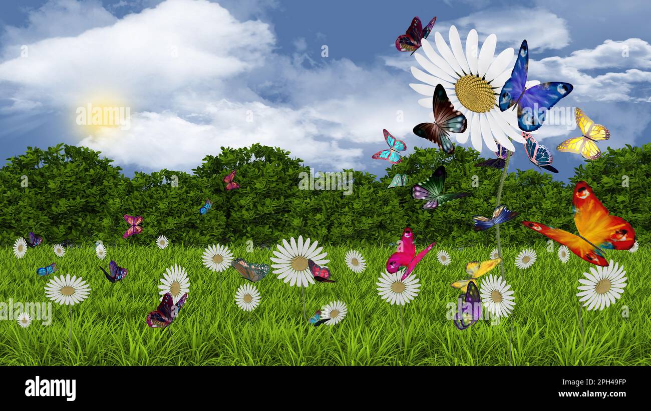 3d illustration. Spring Summer. Flowers and butterflies on green lawn ...