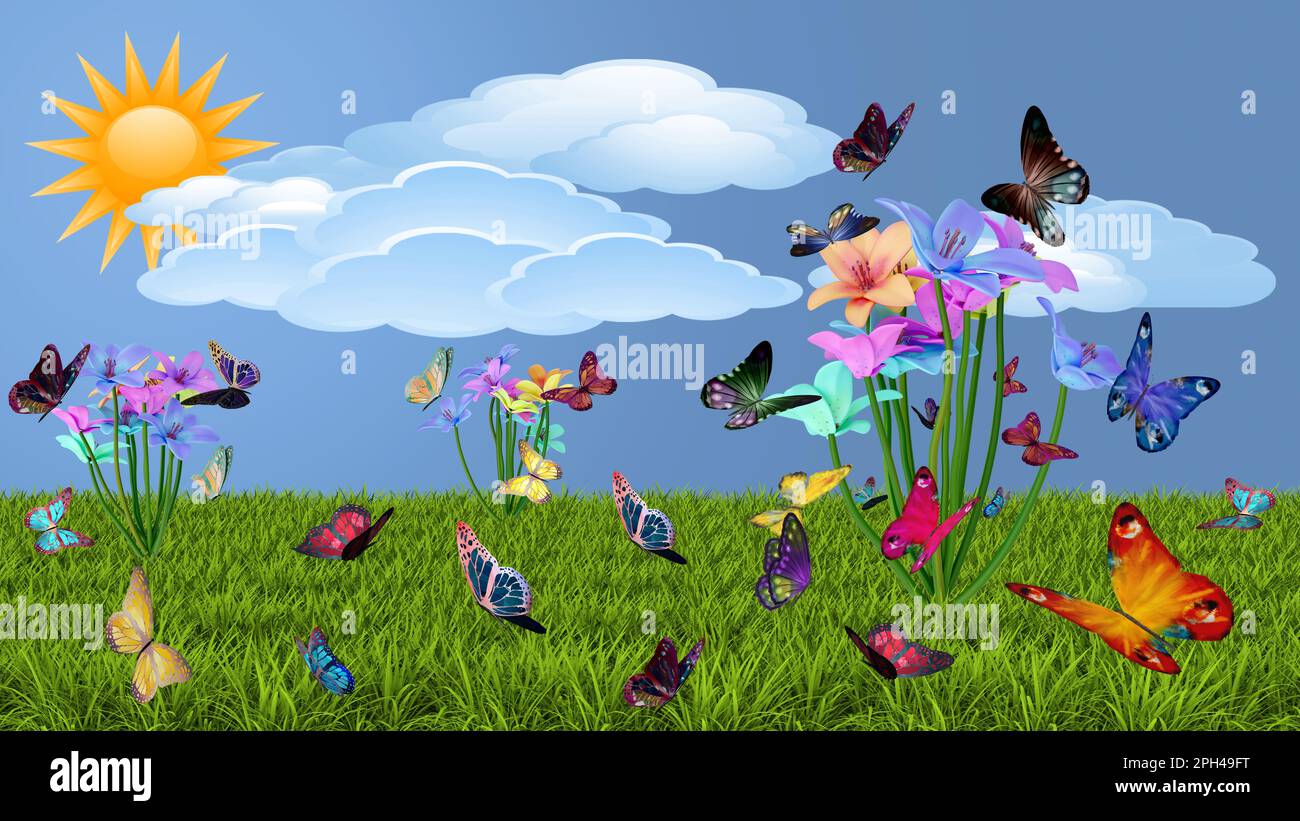 3d illustration. Spring Summer. Flowers and butterflies on green lawn ...