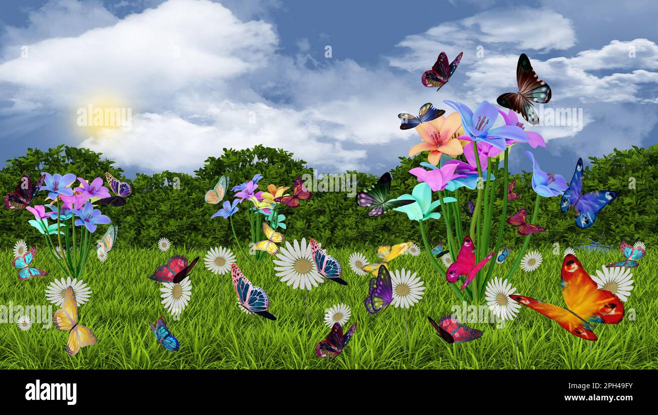 3d illustration. Spring Summer. Flowers and butterflies on green lawn ...
